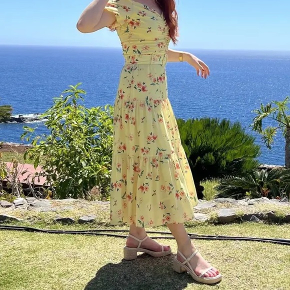 Anthropologie | Dresses | Nwt Paloma Blue Yellow Floral Belted Ruched ...